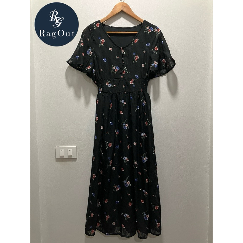 Rag out เดรส มือสอง ใหม่กริบ แบรนด์ญี่ปุ่น ทำงาน ออกงาน คาเฟ่ ลายดอก ดำ ...