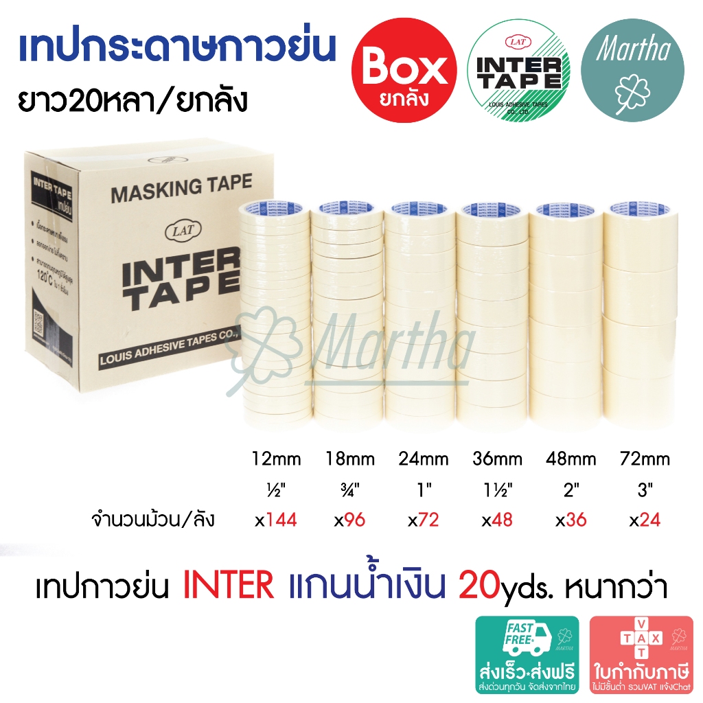 (ยกลัง) เทปย่น อินเตอร์เทป แกนน้ำเงิน INTER TAPE 20หลา เทปกาวย่น กระดาษ ...