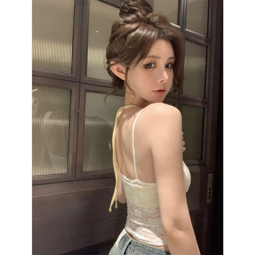 Cicishop (J1210) Set2ชิ้น สายเดี่ยวคล้องคอ+สายเดี่ยวลูกไม้ซีทรู ดีเทลเย็บติดกัน สุดแซ่บ สายฝอ ...