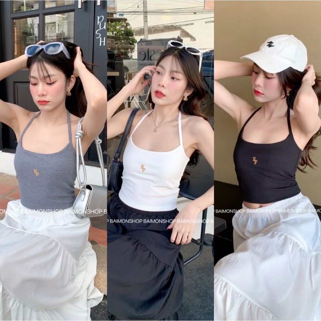 เสื้อกล้าม เสื้อคล้องคอปักตัวอักษร น่ารัก รัดรูปงานปัก สีขาว เกาหลี y2k ...