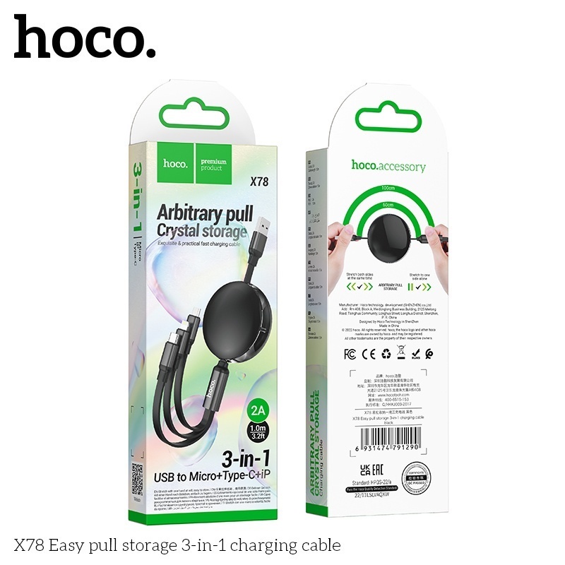 Hoco X78 สายชาร์จ 3 หัว จ่ายไฟสูงสุด 2A สำหรับ iOS, Micro, Type-C มี ...