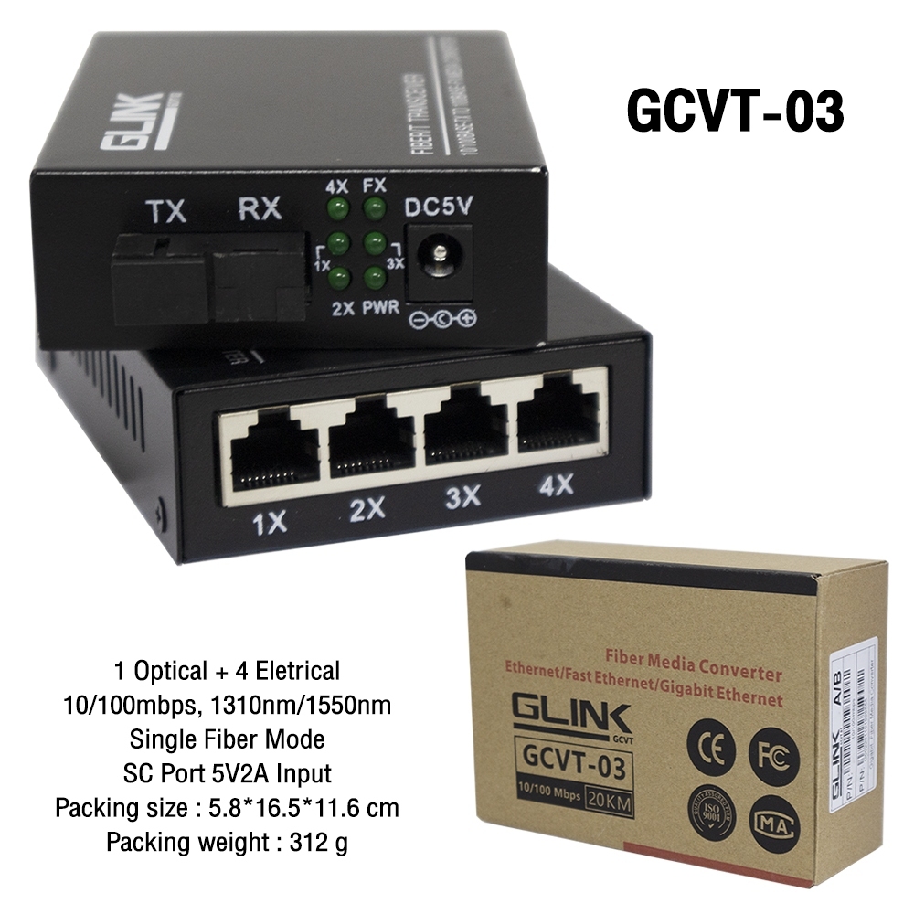 Glink GCVT-03 Media Converter Fiber 10/100 20km. 4 Eletrical อุปกรณ์ ...