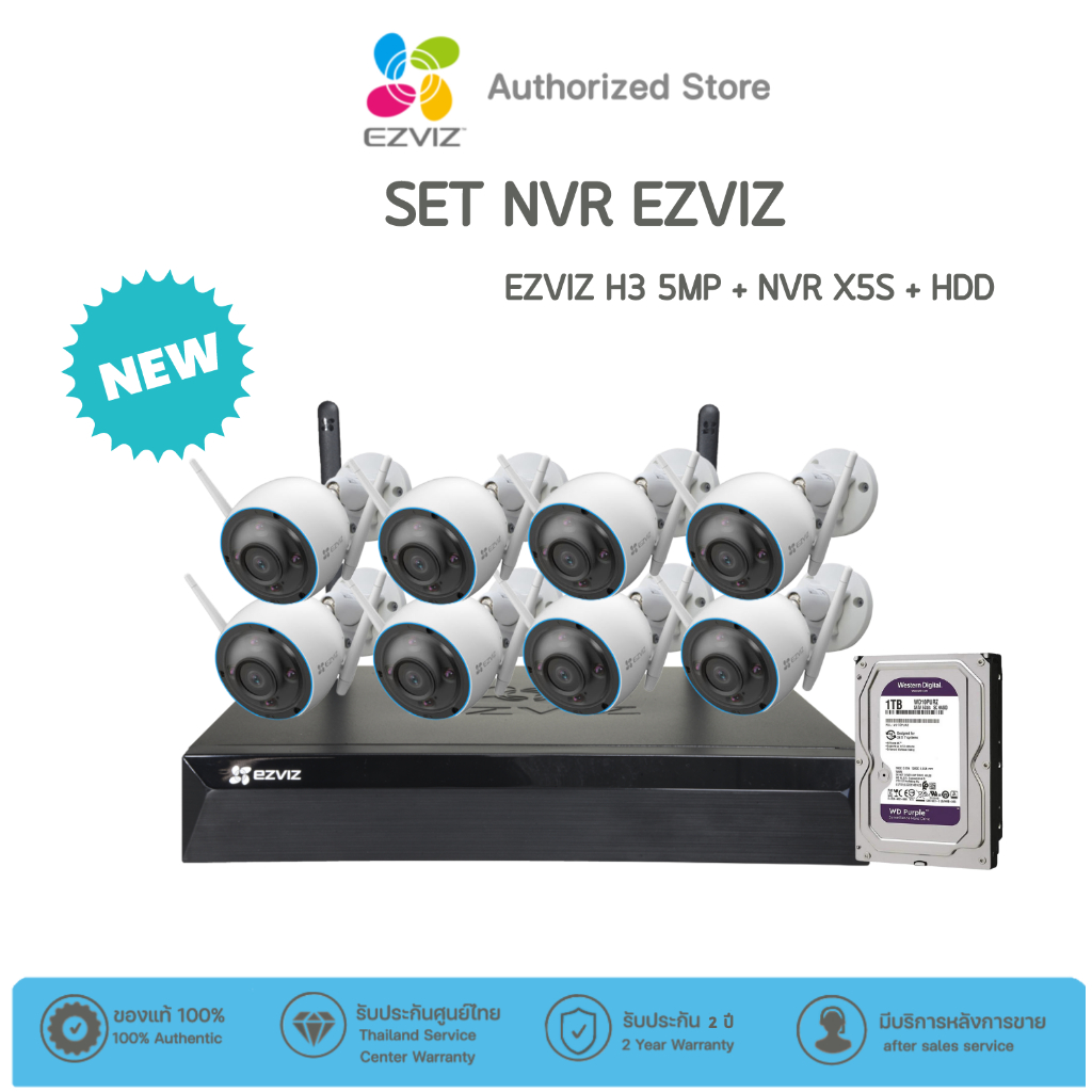 SET EZVIZ กล้อง EZVIZ H3 รุ่น CS-H3-R100-1J5WKFL 5MP เครื่องบันทึก รุ่น NVR X5S CS-X5S-R100-8W ...