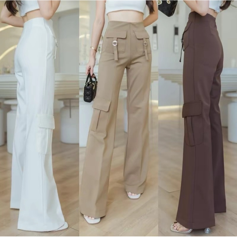 Lady Cargo-pants กางเกงคาร์โก้ขาม้าเล็กทรงบอยผ้าโรเชฟ | Shopee Thailand