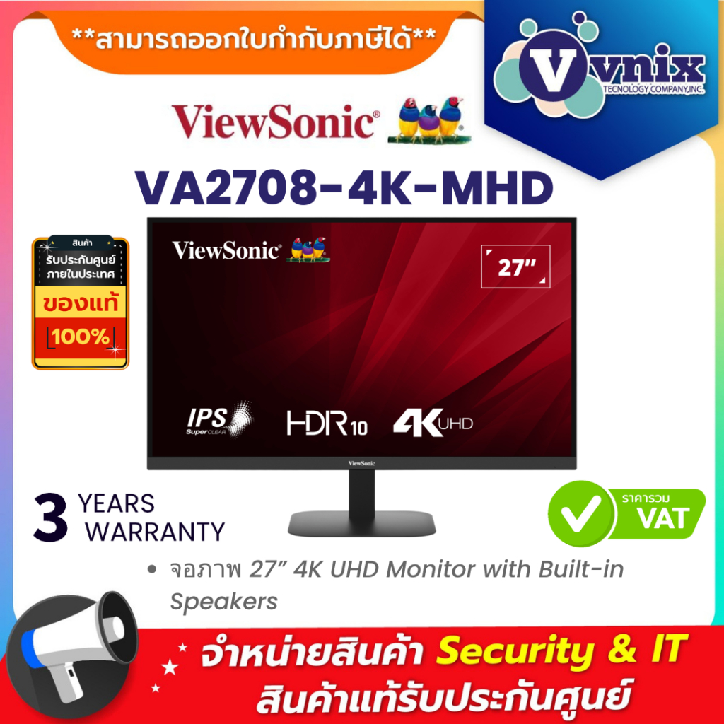 VIEWSONIC VA2708-4K-MHD จอภาพ 27” 4K UHD Monitor with Built-in Speakers ...
