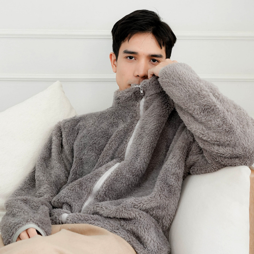 Overchill เสื้อแจ็กเก็ต แขนยาว ผู้หญิงและผู้ชาย คาร์ดิแกน ซิปหน้า ขนแกะ ...