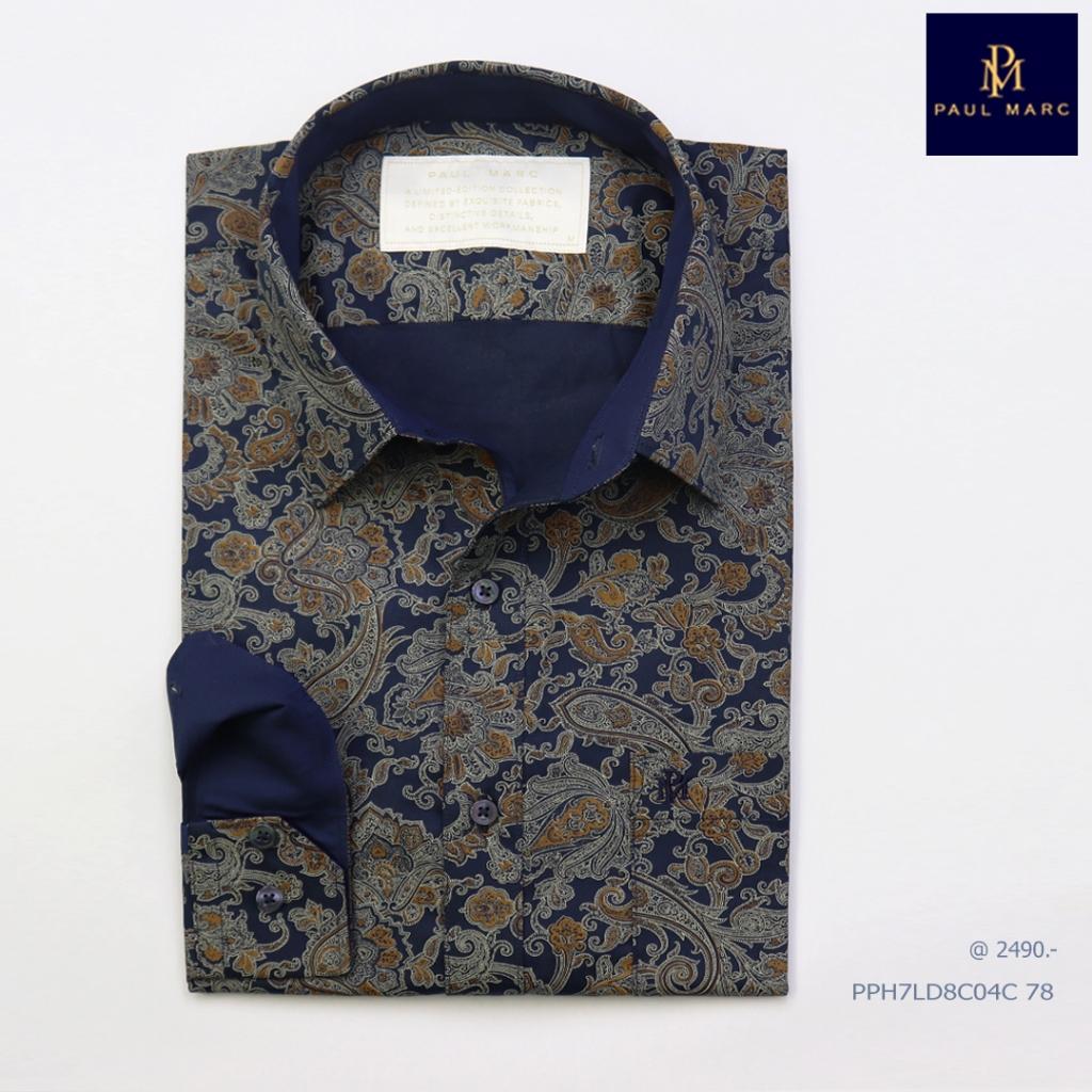 PAUL MARC เสื้อเชิ้ตลายพิมพ์เพสลี่ย์ paisley สีกรมท่า slim fit ...