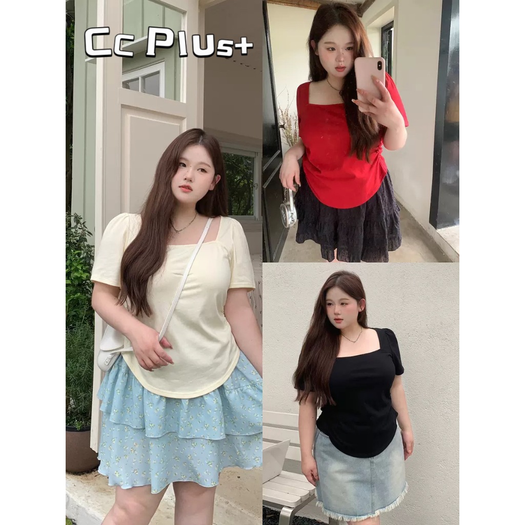 CC Plus+ (J1368)เสื้อไหมพรมคอเหลี่ยมแขนสั้นดีเทลจ้ำเอวสไตล์เกาหลี เหมาะ ...