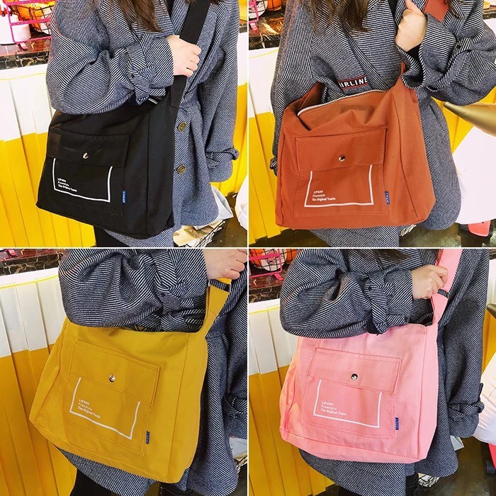 newyorkgallery(N495) กระเป๋าผ้าสะพายข้างมีช่องด้านหน้าสุดน่ารัก ...