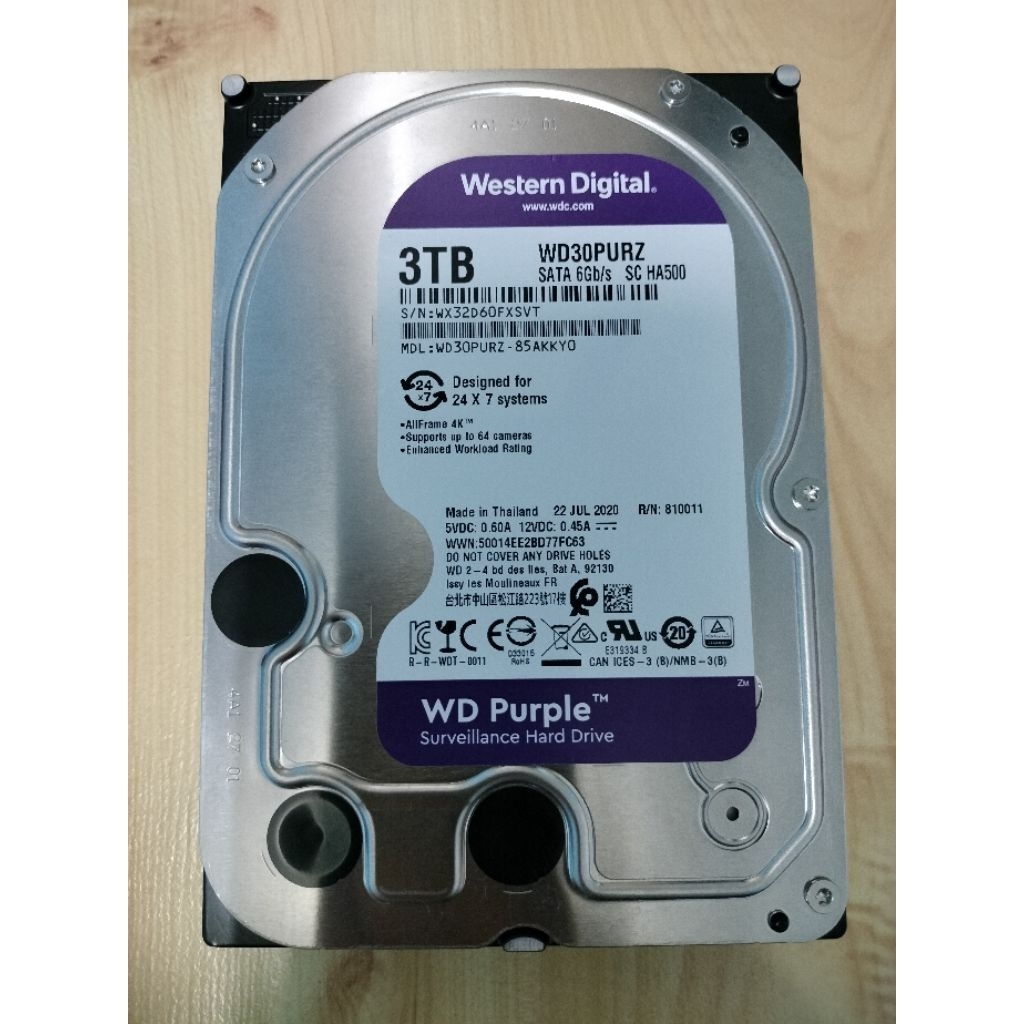 Hdd.3TB.WD Purple WD30PURX.มือสองเทสแล้วใช้งานได้ปกติ อึดทนเหมาะกับงาน ...