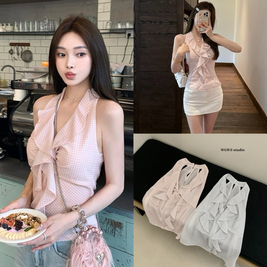 6164# เสื้อแขนกุดคอวีระบายหน้า งานซิปข้าง เนื้อผ้าดี ทรงสวย TAG:WG.WE 🇰🇷 | Shopee Thailand