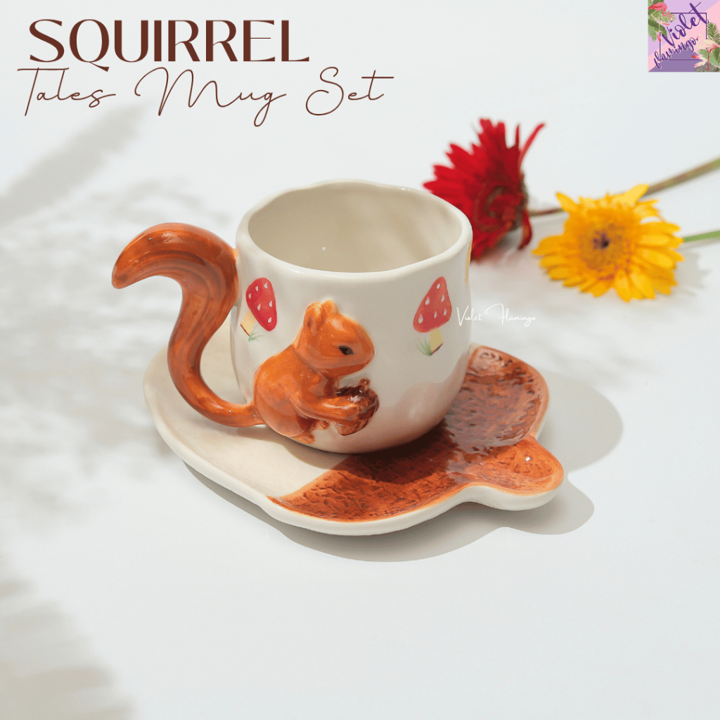 Violet Flamingo แก้วเซรามิคพร้อมจานรอง ลายกระรอก 3D สุดน่ารัก Squirrel Hug Mug Set แก้วกาแฟ จาน ...