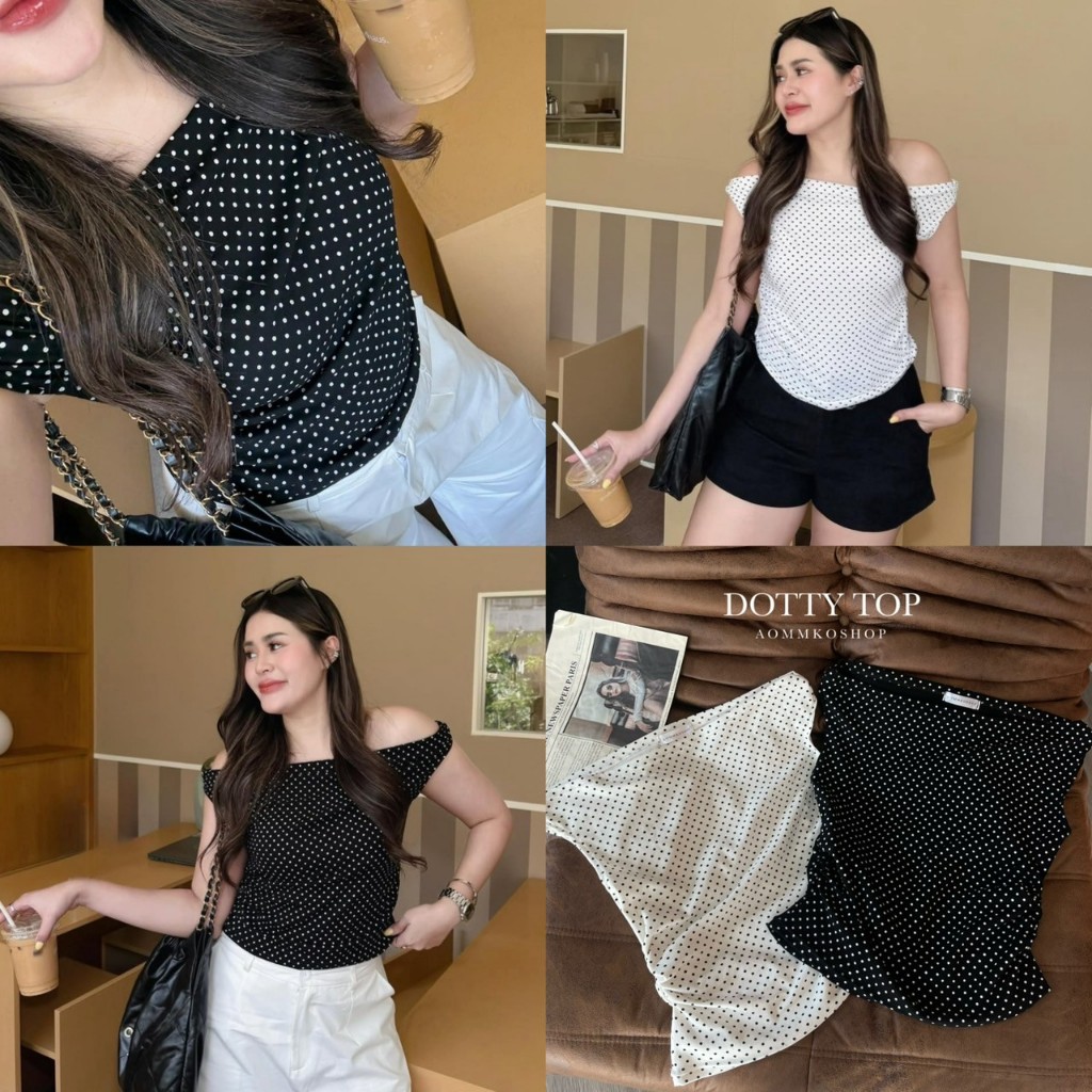 Dotty top เสื้อยืดปาดไหล่ลายจุด แต่งเย็บย่นข้าง (Polkadot) AOMMKOSHOP - S89 | Shopee Thailand