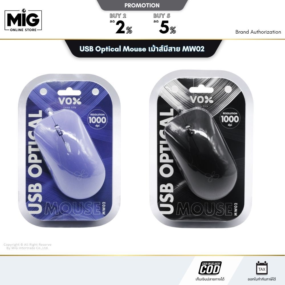 Vox USB Optical Mouse เมาส์ เมาส์มีสาย รุ่น MW02 ความยาวสาย 1.5 เมตร มี 4 สีให้เลือก ขาว ดำ ...