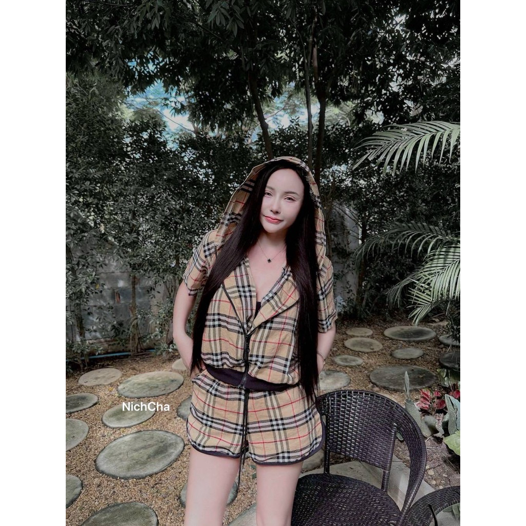 Set2ชิ้น - เสื้อแขนสั้นซิปหน้า มีฮู้ด โลโก้อก - กางเกงขาสั้น มีกระเป๋า | Shopee Thailand