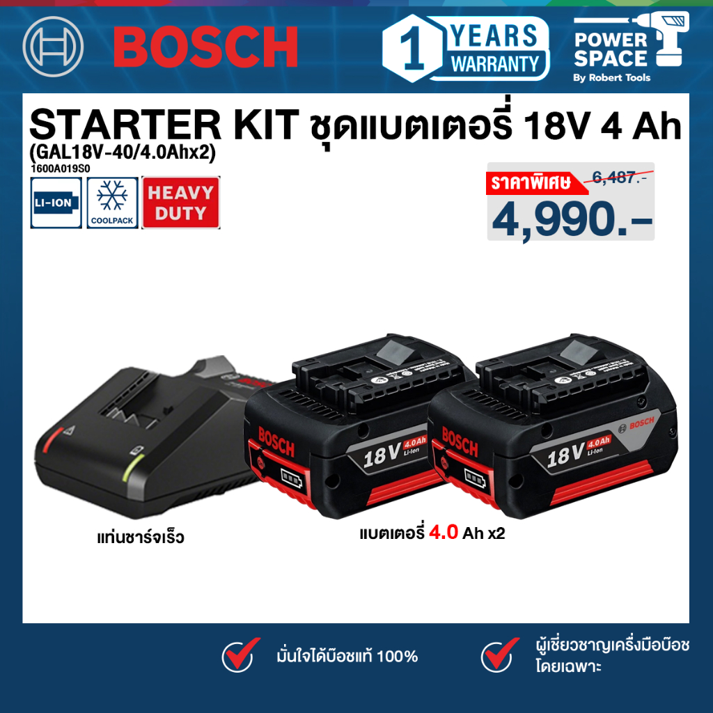 BOSCH ชุดแบตเตอรี่ 18V Starter Kit 1600A019S0 (GAL18V-40/4.0Ahx2) รับ ...