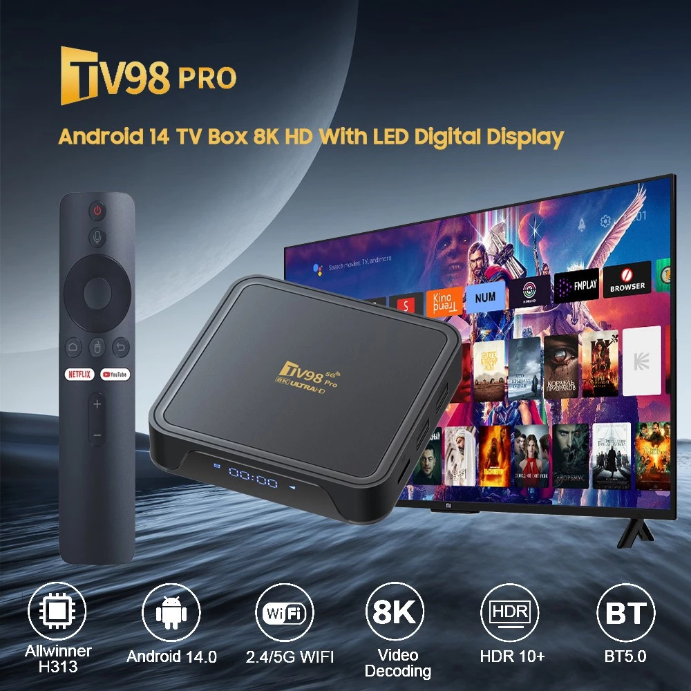 2025 TV98 Pro 8K HD LED Digital Display Android 14 TV Box 8+128GB Dual WiFi with Voice Remote ...