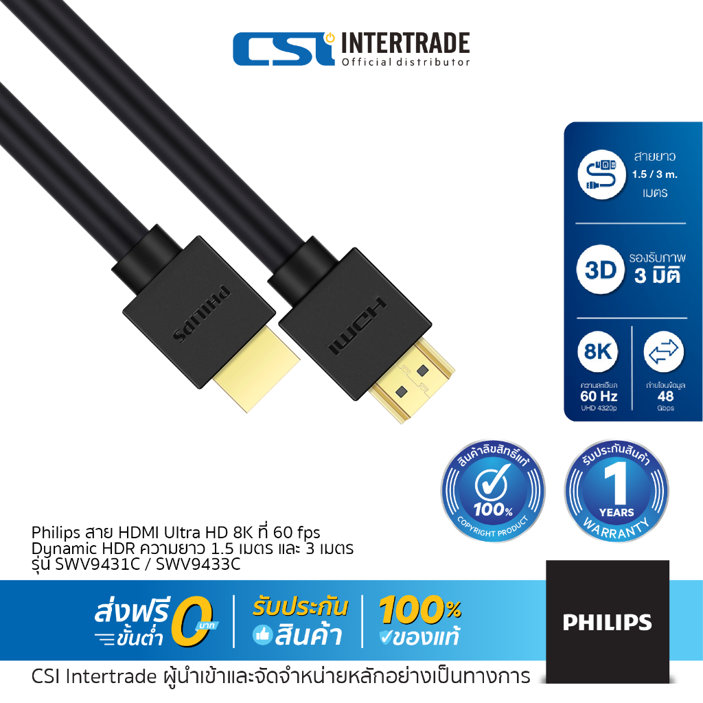 Philips สาย HDMI Ultra HD 8K ที่ 60 fps Dynamic HDR ความยาว 1.5 เมตร ...
