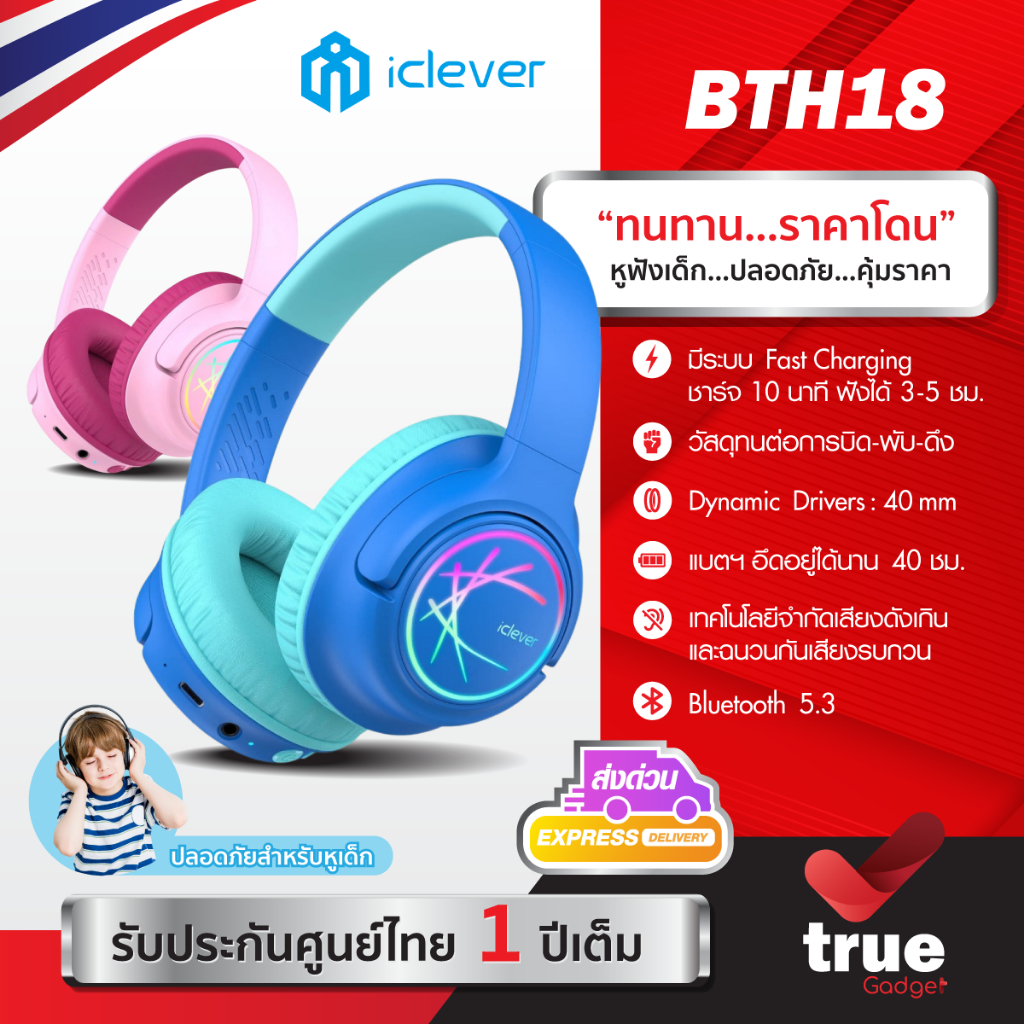 🇹🇭ประกันศูนย์ไทย หูฟังเด็ก iClever BTH18 Kids Headphones BT หูฟังครอบหู จำกัดระดับเสียงเพื่อความ ...