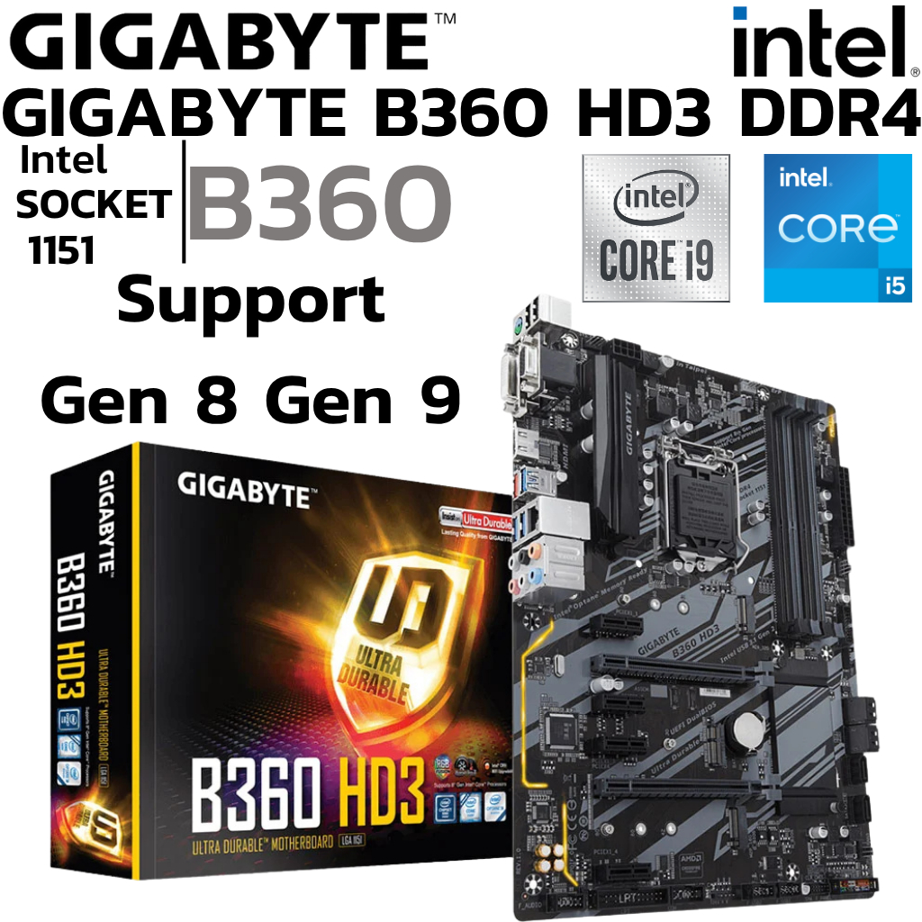MAINBOARD (เมนบอร์ด) 1151 GIGABYTE B360 HD3 DDR4 Support Gen 8 Gen 9 ...