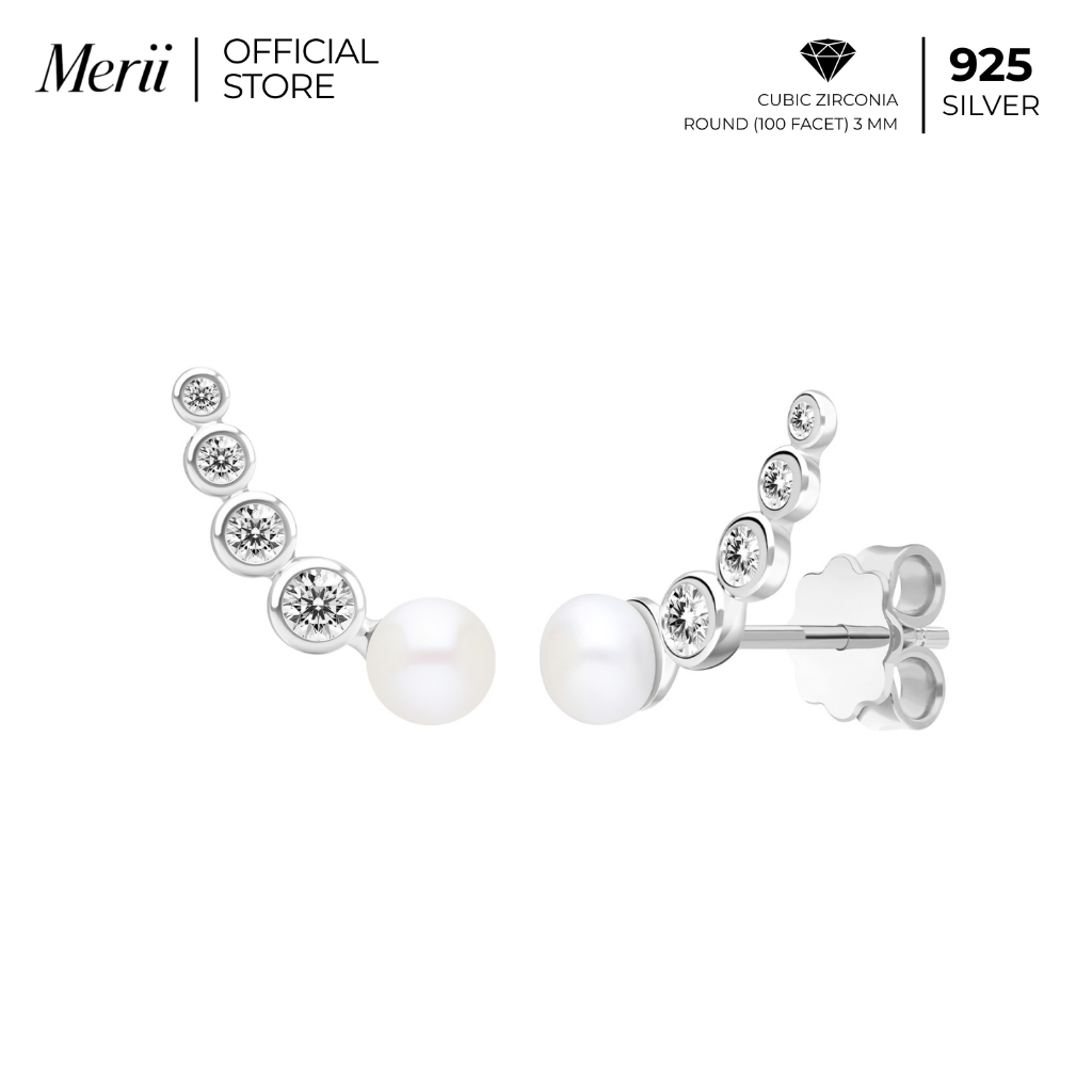 Merii ต่างหูเงินชุบโรเดียม ประดับ CZ ไล่ระดับและไข่มุกน้ำจืด 5 มม.แบบ ...