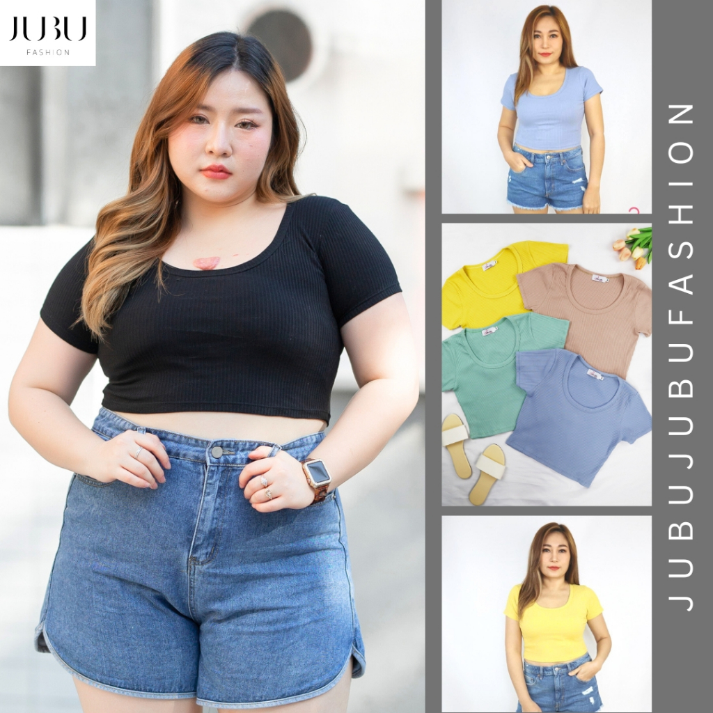 Honey Crop Top เสื้อครอปแขนสั้น เสื้อยืดสาวอวบ ผ้าร่อง หน้าอก 35-48 ...