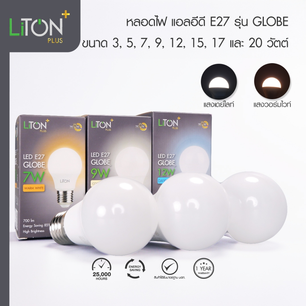 LiTON หลอดไฟ LED E27 รุ่น GLOBE 3W,5W,7W,9W,11W,12W,15W,17W,20W Daylight (แสงขาว),Warmwhite (แสง ...