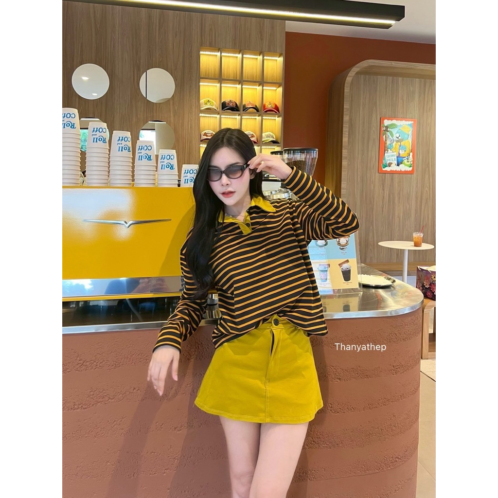 Phapassz - เซต2ชิ้น เสื้อคอปกแขนยาวตัวยาว ผ้านิ่ม ใส่สบาย ไม้ร้อน มาพร้อมกระโปรงสั้นผ้าดีมาก ใส่ ...