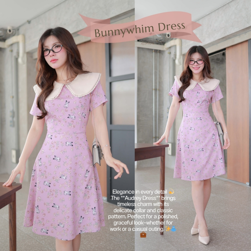 "Romi"Oil" Bunnywhim Dress (Pink) K267 ชุดเดรสสีชมพู (คอบัวแต่งลูกไม้) | Shopee Thailand