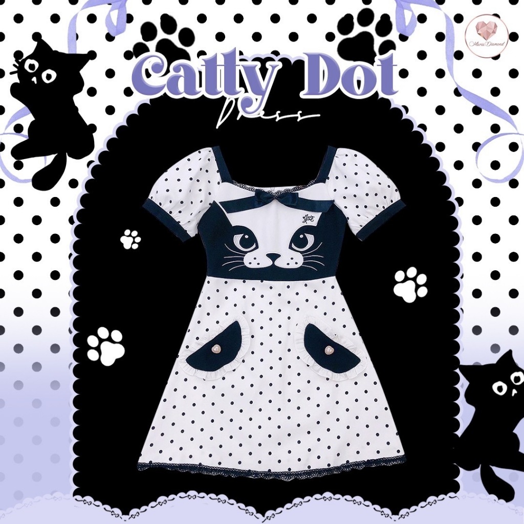 (มี3XL) Maria Diamond สีขาวดำ Catty Dot Dress เดรสผ้าเปเป้พิมพ์ลาย ...