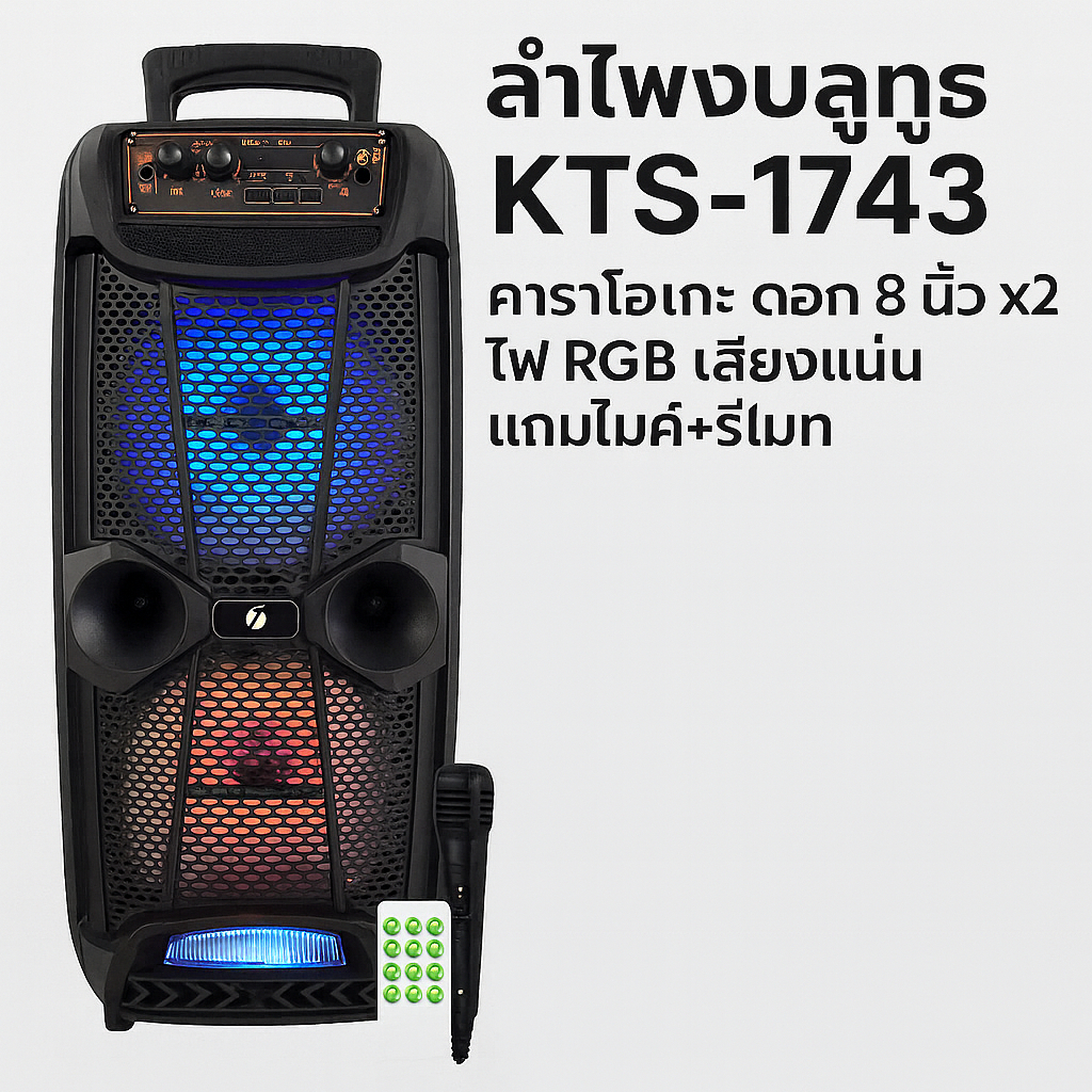 ลำโพงคาราโอเกะ KTS-1743 Bluetooth ดอก 8 นิ้ว x2 ไฟ RGB แถมไมค์+รีโมท ...