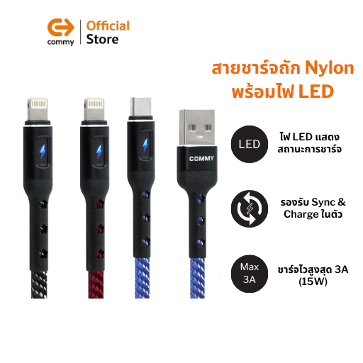 Commy สายชาร์จเร็ว 3A ไฟ LED ถักไนล่อน หัวLightning/ Type-C สำหรับ ...