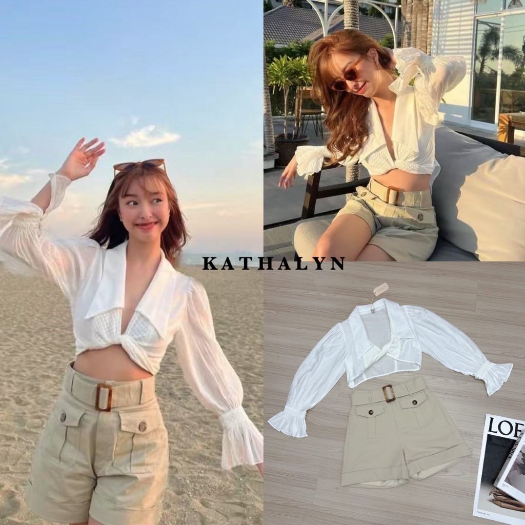 KATHALYN SETเสื้อครอปสั้นแขนยาว แต่งคอปก(*รบกวนเช็คสต๊อกก่อนกดสั่งซื้อ) | Shopee Thailand