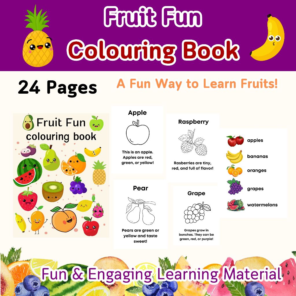 พร อมส ง ไฟล Pdf แบบฝ กห ดระบายส ผลไม คำศ พท Fruit Fun Colouring