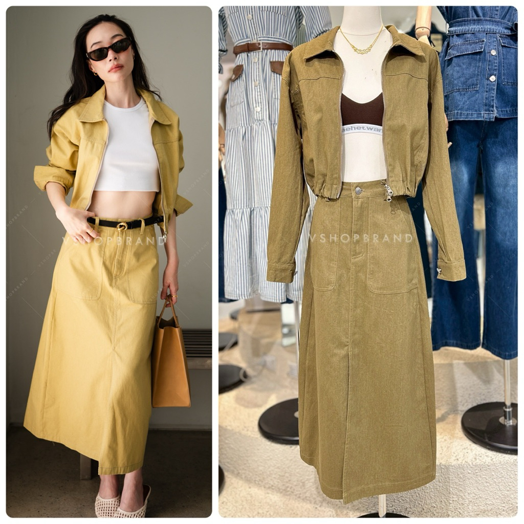 Vshop Set เสื้อแจ็คเก็ตซิปหน้า+กระโปรงยาวกระเป๋าหน้า #4025 | Shopee ...