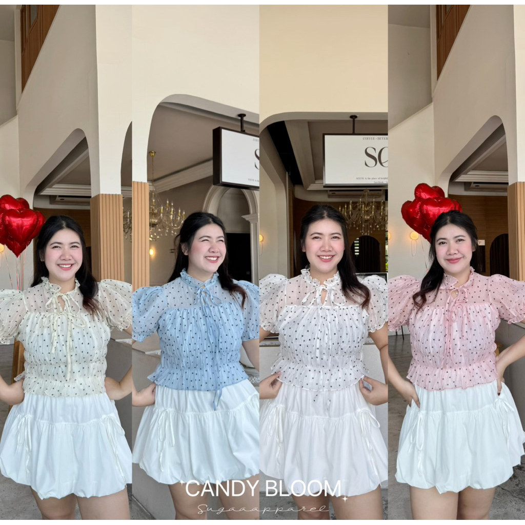 Candy Bloom เสื้อครอปแขนตุ๊กตาสาวอวบสุดคิ้วท์ ดีเทลพองฟู ผ้าอัดลายจุด ...