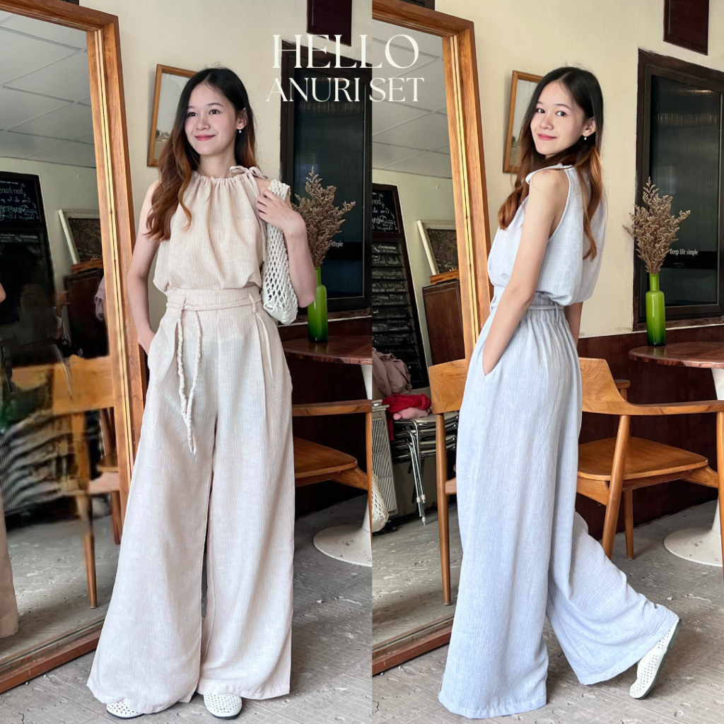 set anuri เสื้อผูกไหล่ กางเกงขายาวทรงกระบอก ผ้าลินินผสม | Shopee Thailand