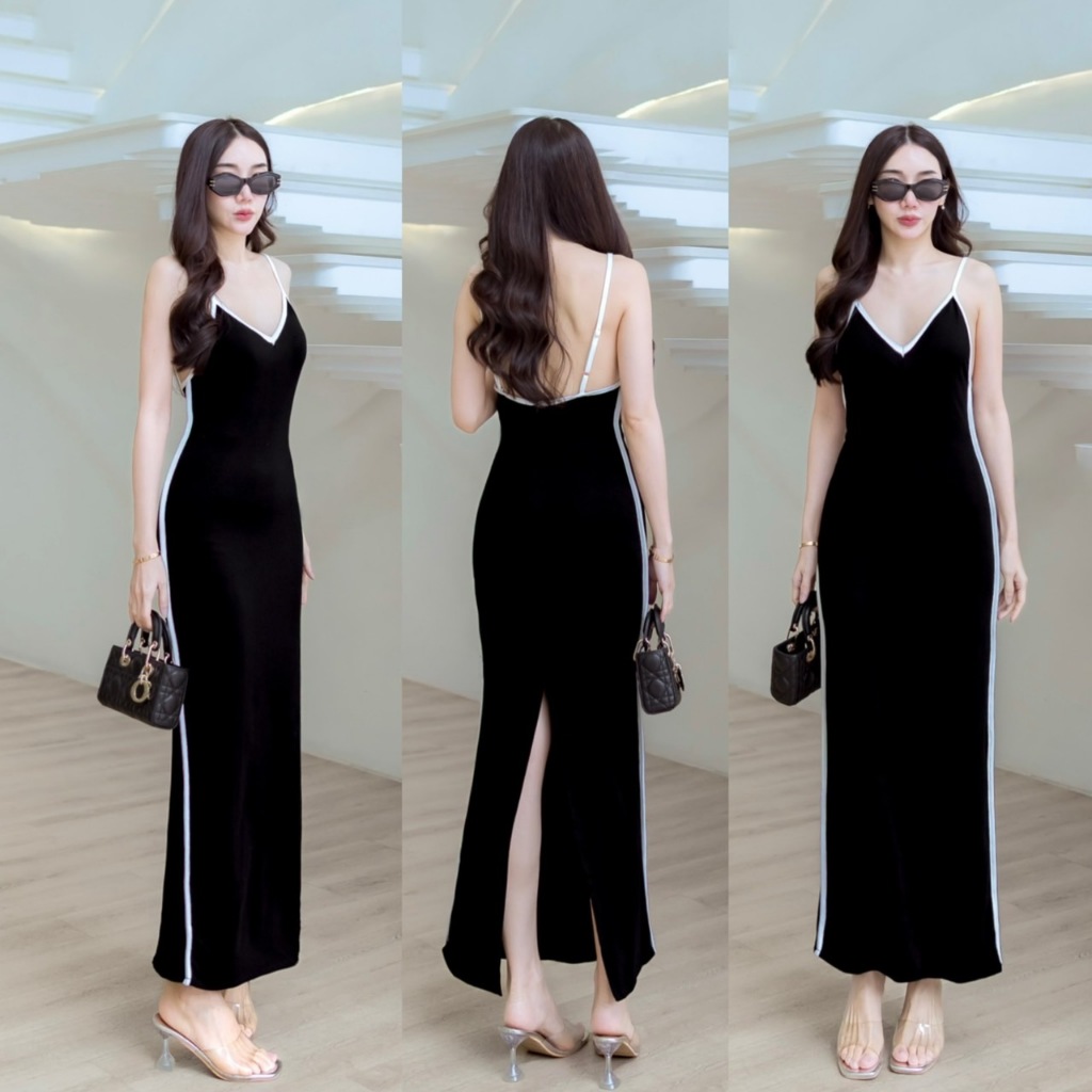 P1476 PrimmmStory เดรสสายเดี่ยวเข้ารูปดีเทลตัดขอบขาว | Shopee Thailand