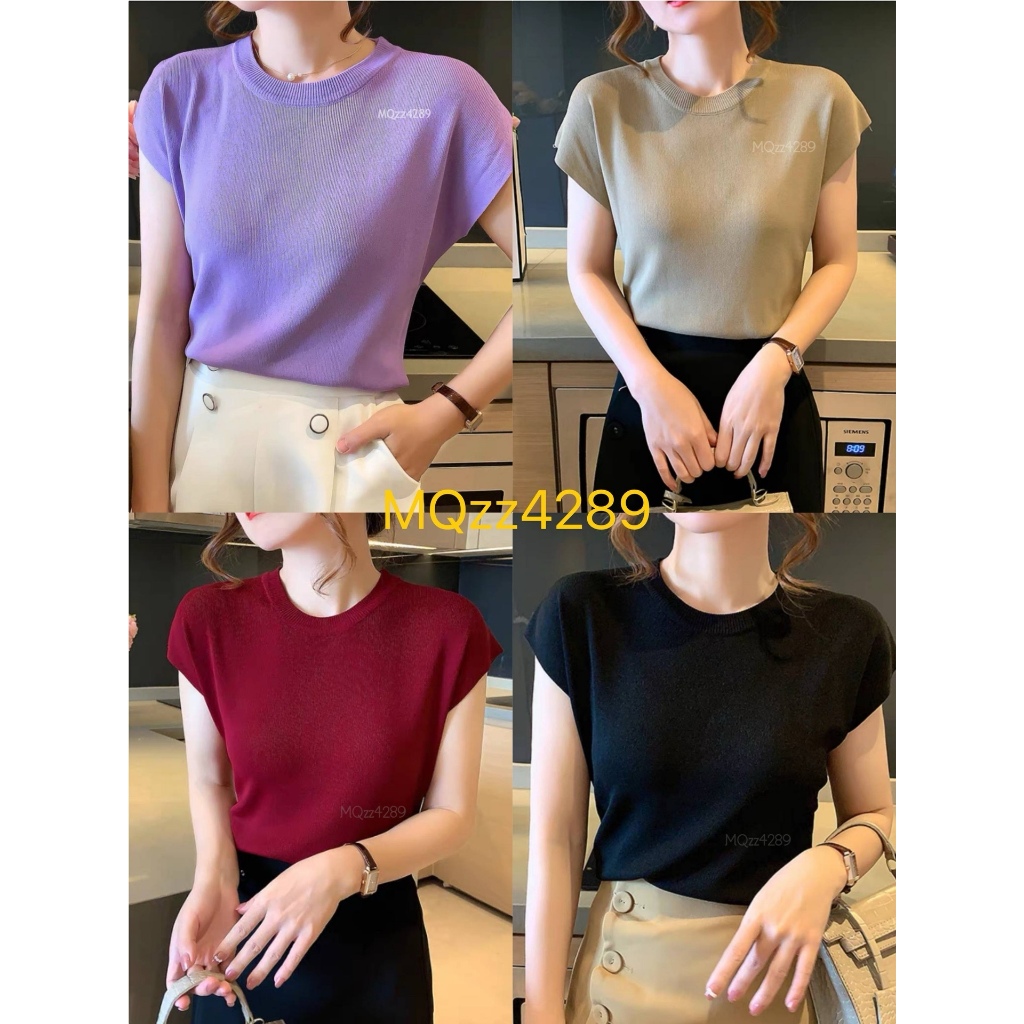 MQzz4289 *พร้อมส่ง* เสื้อทำงานแขนสั้นแบบใหม่ คอกลม ผ้าไหมพรม นุ่มนิ่ม ...