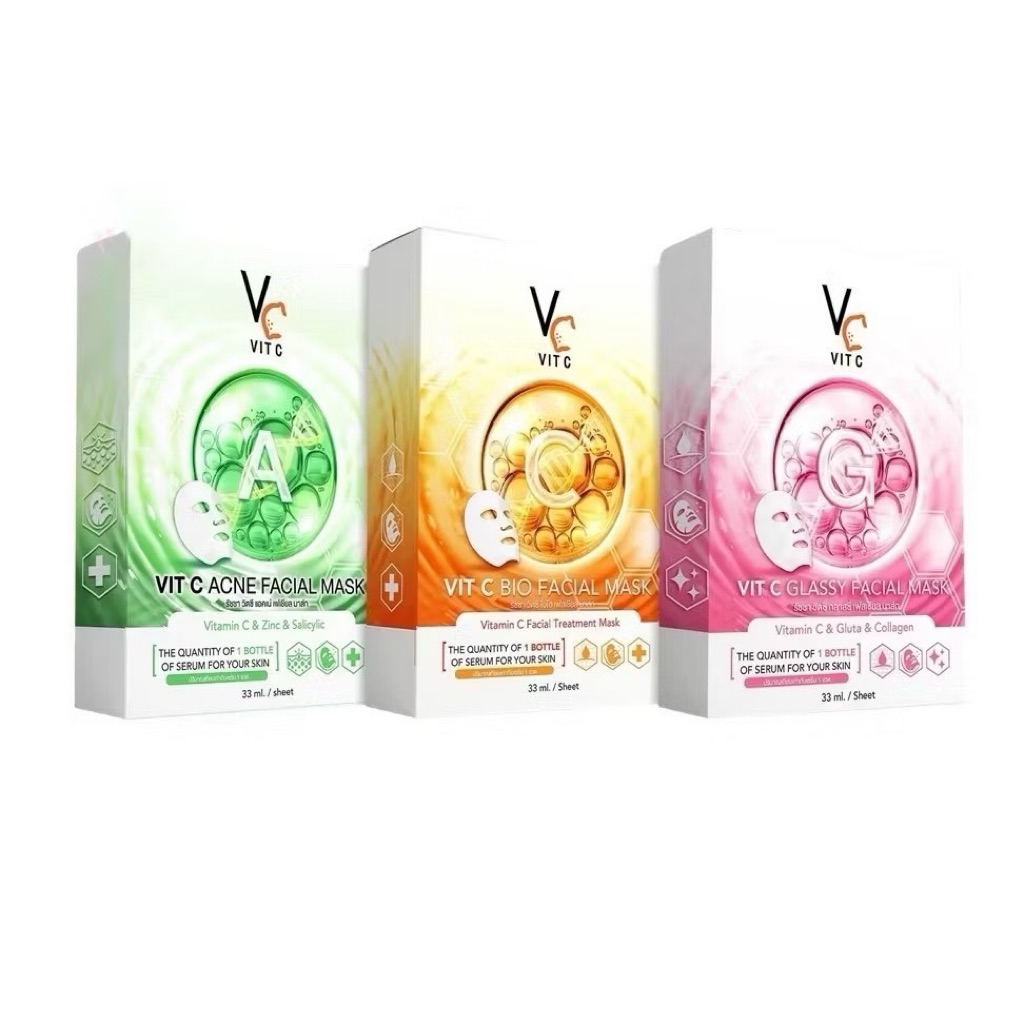 มาส์กหน้า VC น้องฉัตร Ratcha Vit c bio facial mask Mask / Vit C Glassy Facial Mask (บรรจุ 6 แผ่น ...