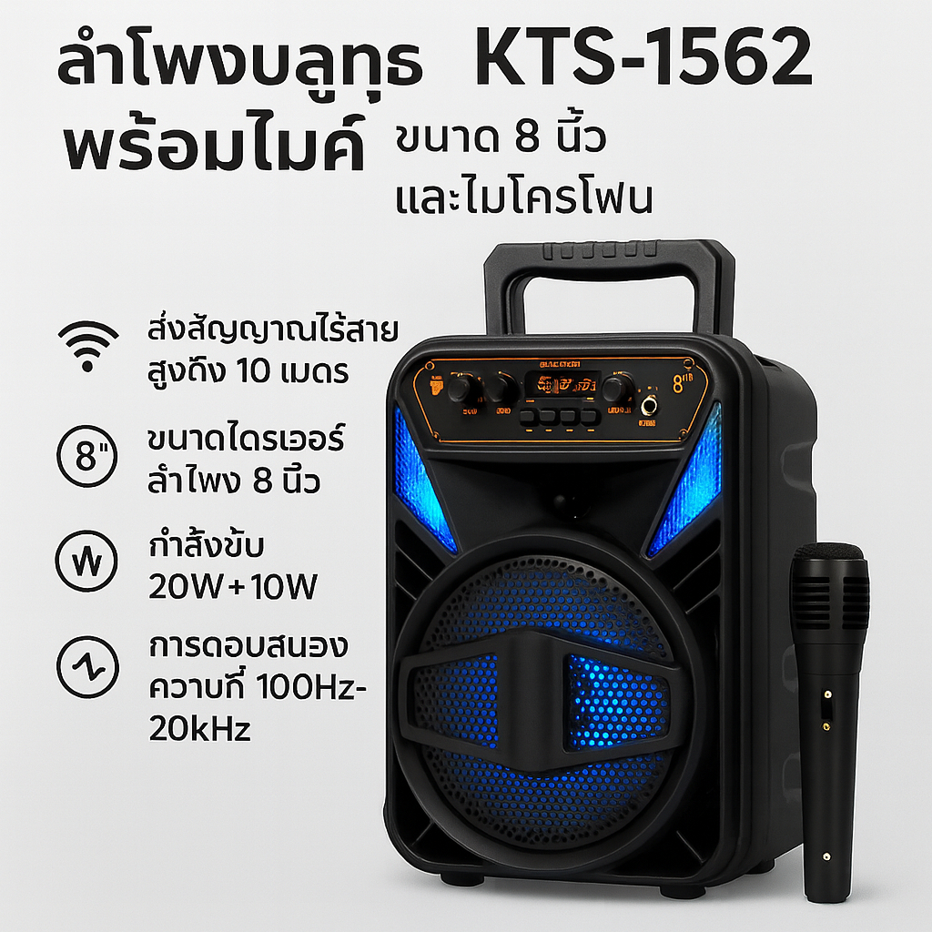 KTS-1562 ลำโพงบลูทูธ 8 นิ้ว ไฟ LED แถมไมค์ ร้องคาราโอเกะได้ เสียงแน่น พกพาง่าย | Shopee Thailand