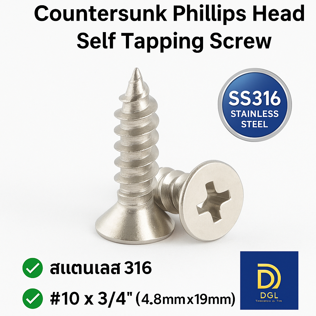 สกรู เกลียวปล่อย หัวจม Taper เตเปอร์ | สแตนเลส 316 | มาตรฐาน GB846 | สำหรับงานโลหะ/ไม้ (10ตัว ...