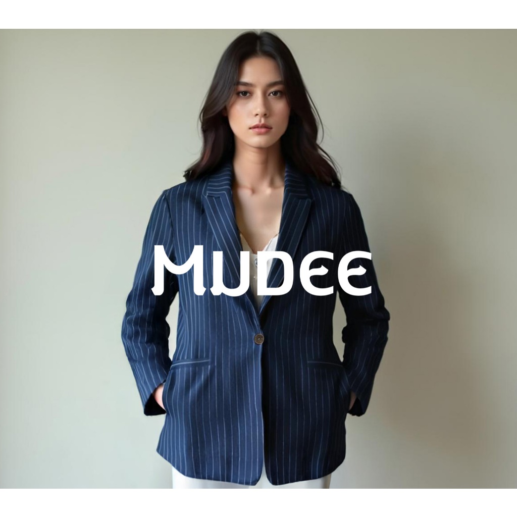 MUDEE เสื้อสูทลินิน สีกรมริ้วขาว Blazer Linen Navy White Striped ...