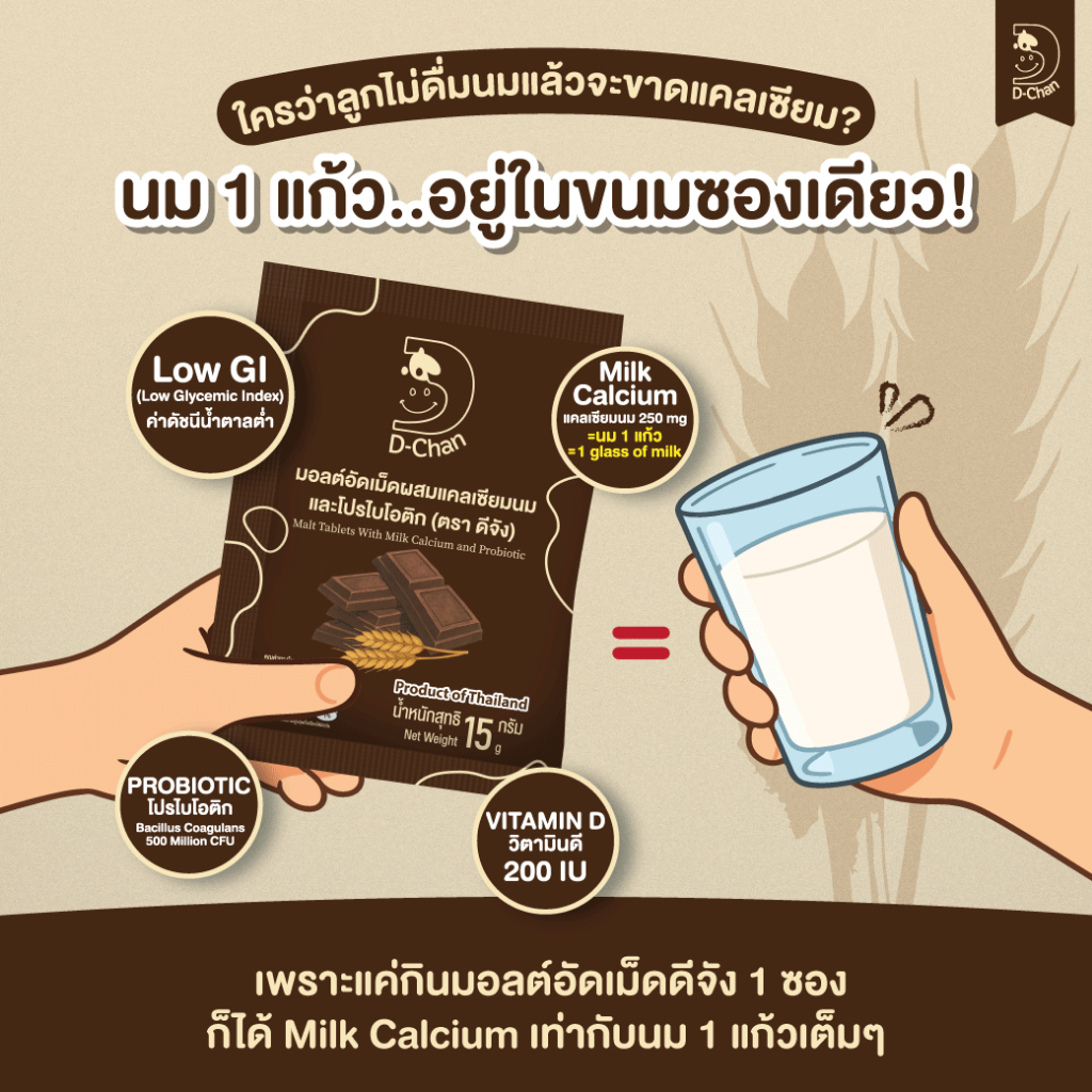 มอลต์อัดเม็ด ผสมแคลเซียมนมและโปรไบโอติก ตราดีจัง D-Chan Malt Tablets 1 ...