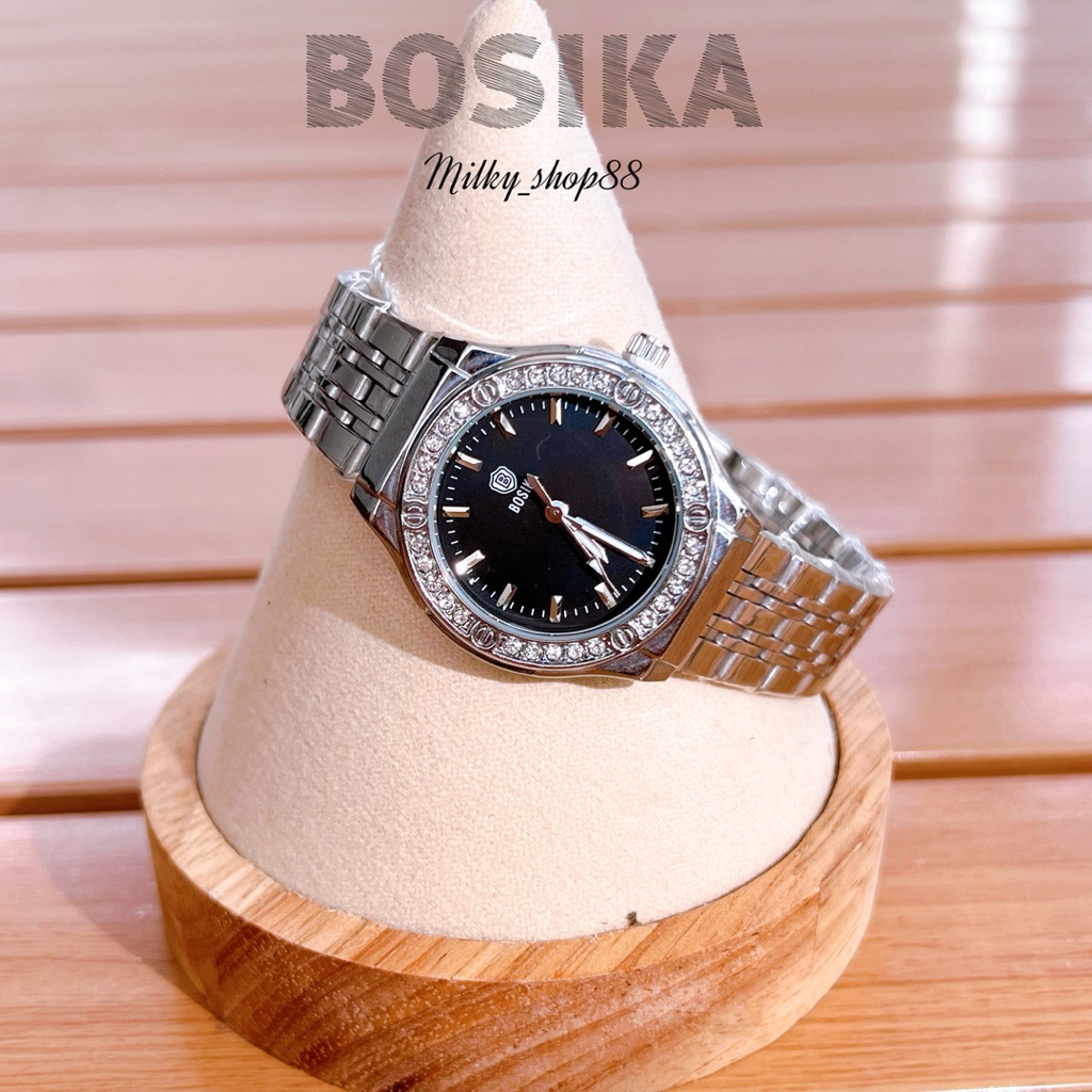 (M49) BOSIKA นาฬิกาสายสแตนเลสสตีลแท้ หน้าปัดล้อมเพชร นาฬิกาอนาล็อก สวย ...