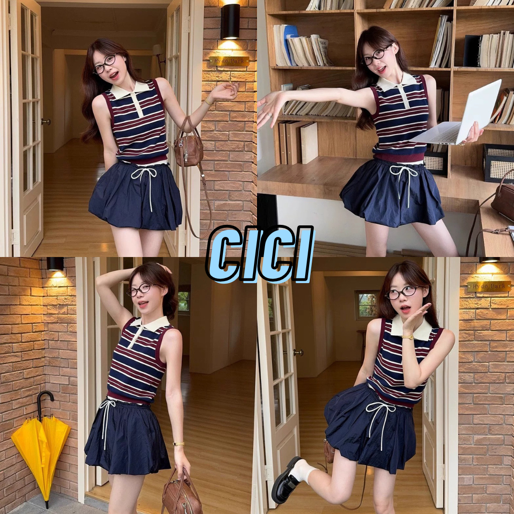 Cici(NO. A2807) เสื้อแขนกุดไหมพรมคอปกลายทาง ผ้ายืด สไตล์ฤดูร้อนย้อนยุควินเทจ | Shopee Thailand