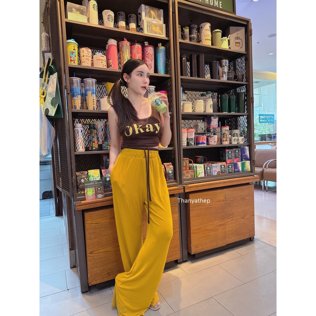 Phapassz - เซท2ชิ้น เสื้อกล้ามน้ำตาลสกรีน มาคู่กางเกงขายาวสีเหลืองแต่งเอวทูโทนโคดปัง วินเทจ ...