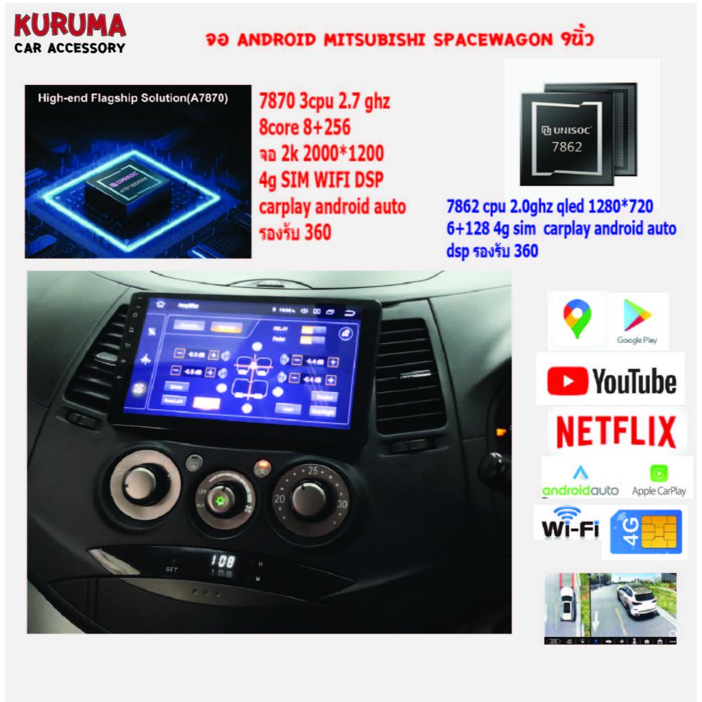 จอ Android Mitsu spacewagon 7870 3CPU 2.7GHZ 8+256 2k 360/7862 2CPU 8core 6+128 QLED 360 ...