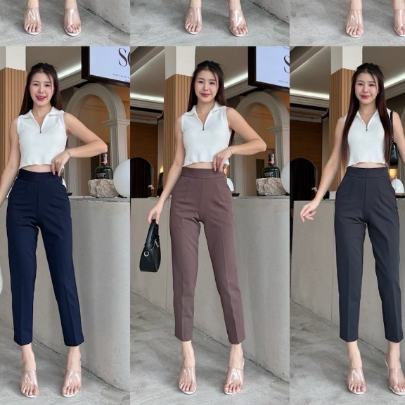 B0044 Beer&Oil กางเกงขายาวเอวสูง 8ส่วนข้างผ้าโรเชฟ งานซิปข้าง มีกระเป๋า ...