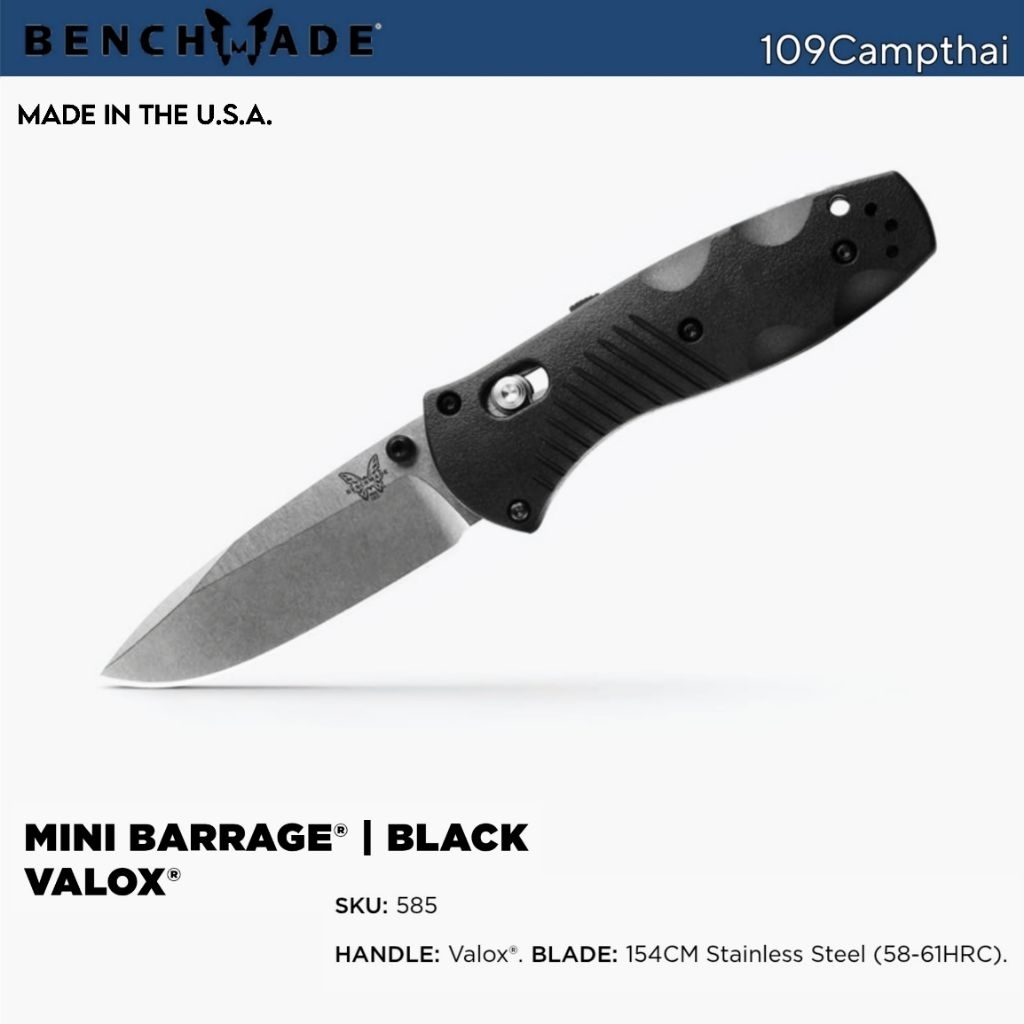 มีดพับ BENCHMADE แท้รุ่น Mini Barrage, Black Valox, Drop-point, 154CM ...